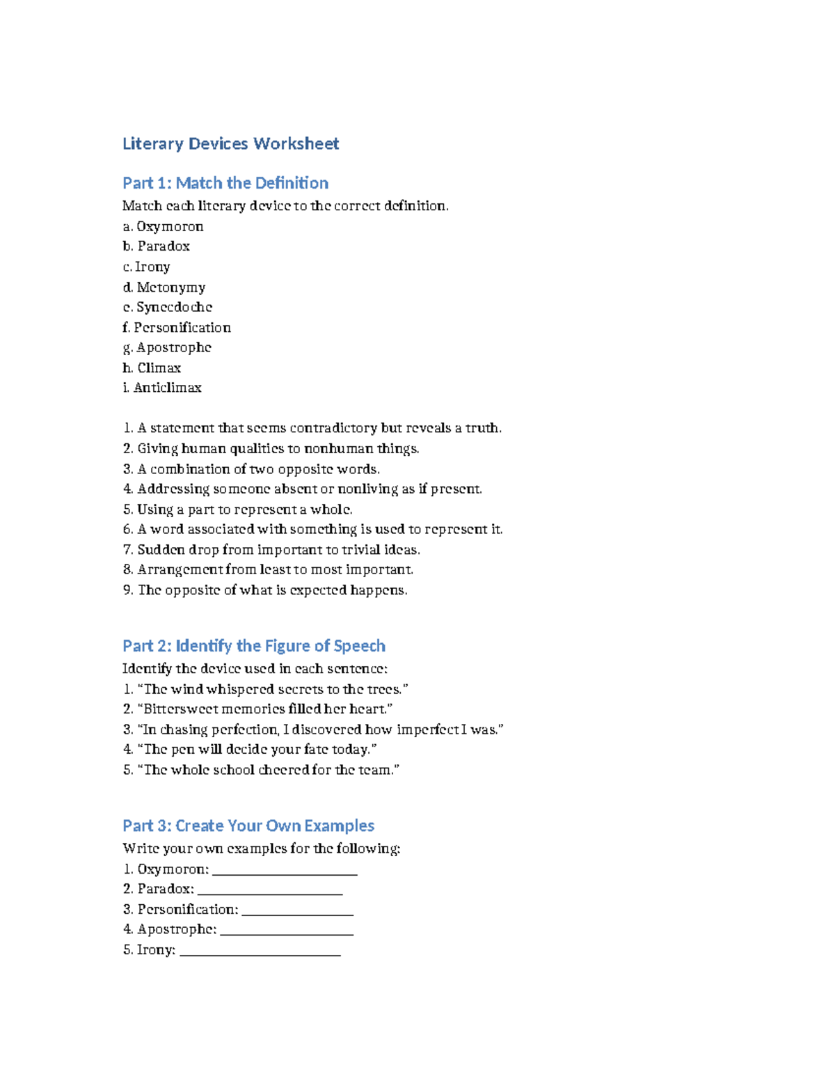 Literary Devices Worksheet (Part 1 & 2) - Definitions & Examples - Studocu