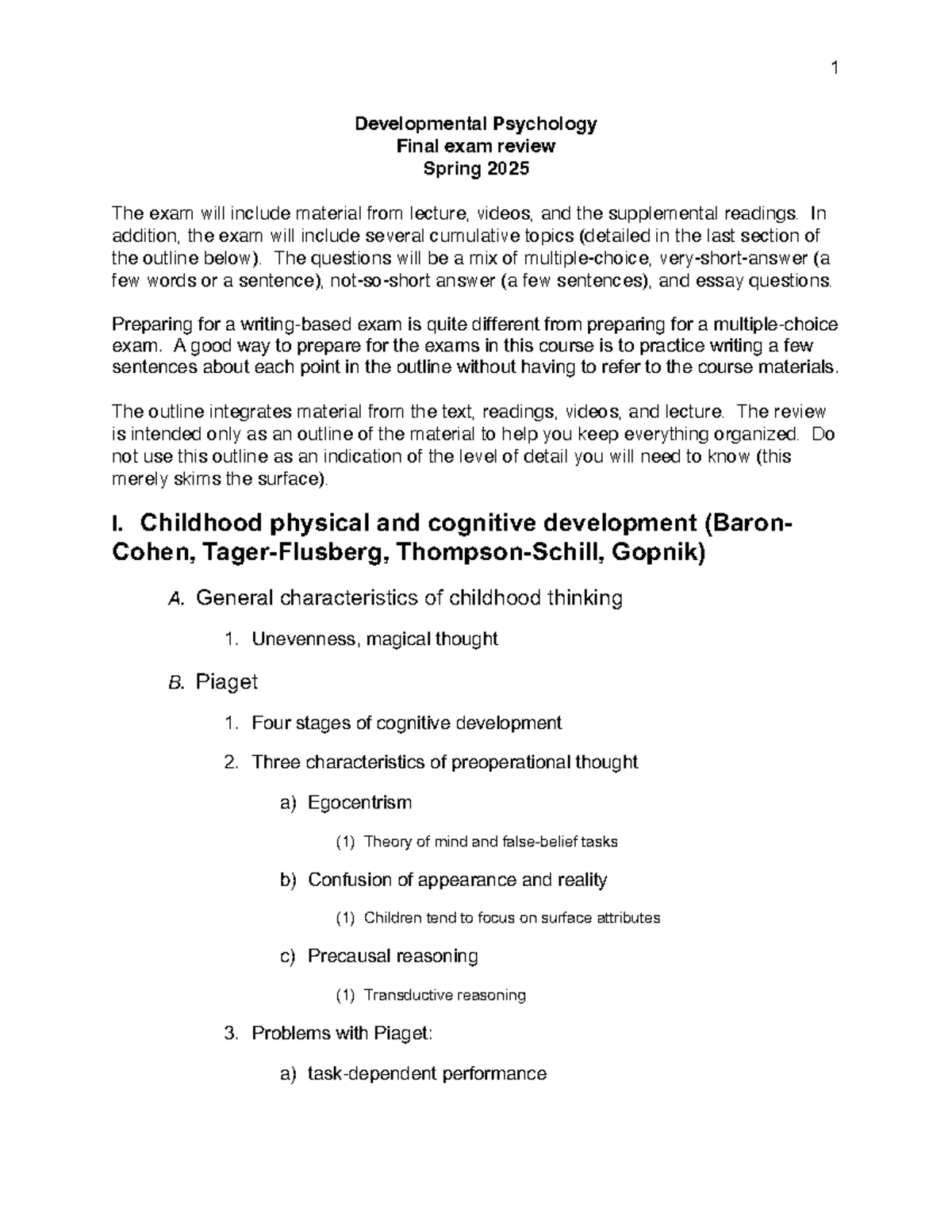 Developmental Psychology Final Exam Review Guide - Spring 2025 - Studocu