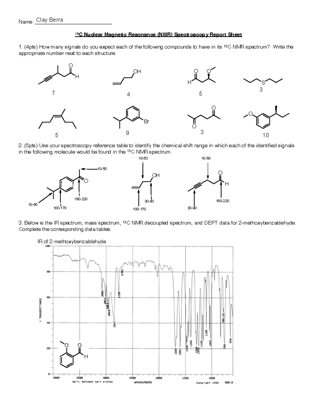 Chem 231 F21 13C NMR Report Sheet - Name: 13 C Nuclear Magnetic Resonance (NMR) Spectroscopy ...