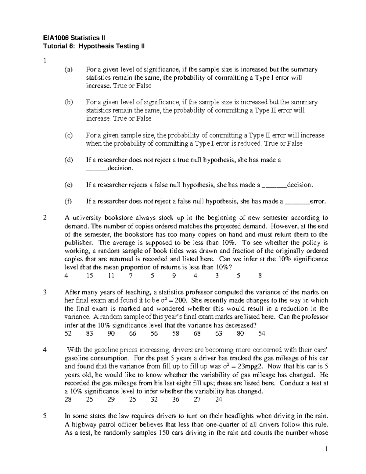 EIA1006 Tutorial 6 Hypothesis Testing II - 1 EIA1006 Statistics II ...