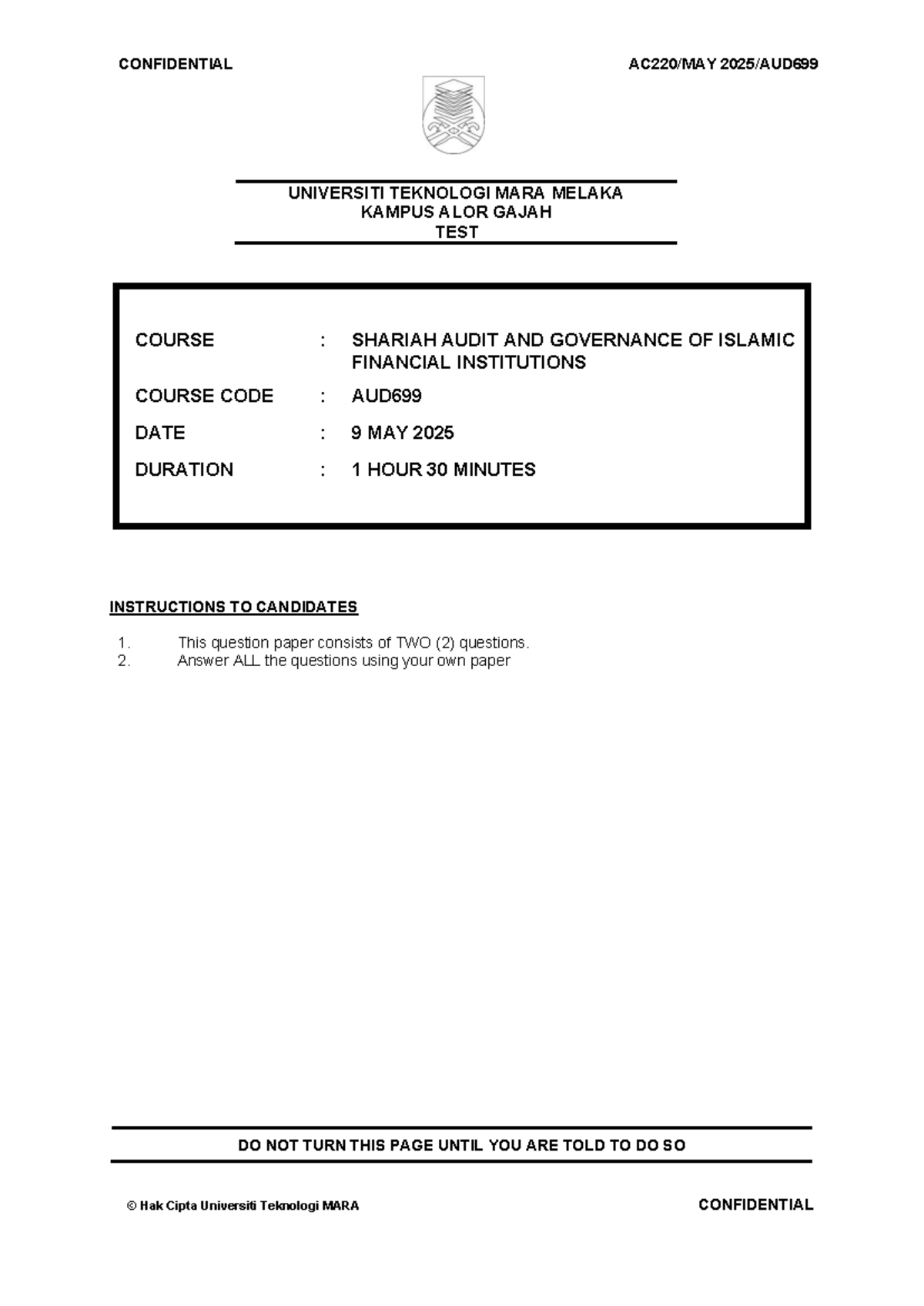Test Questions for AUD699: Shariah Audit & Governance - May 2025 - Studocu