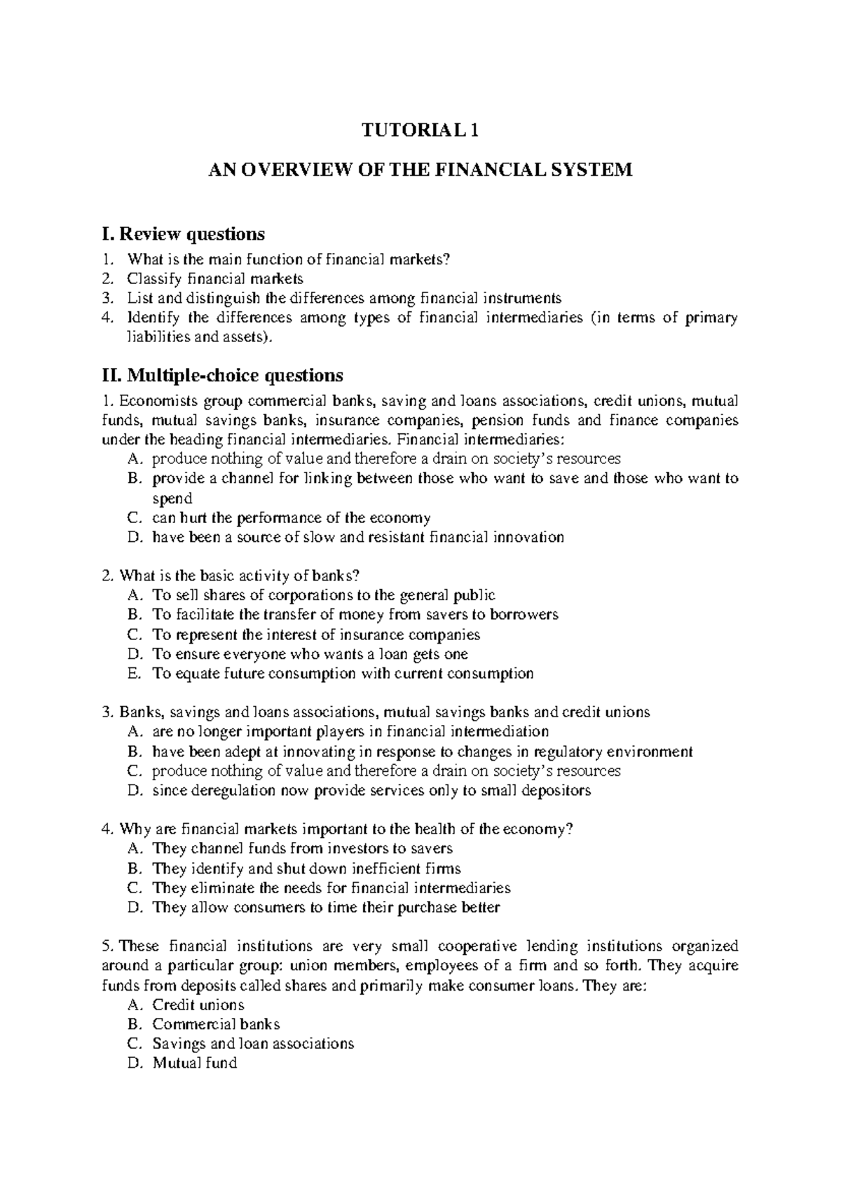 FMT - TUT - Tutorial question - TUTORIAL 1 AN OVERVIEW OF THE FINANCIAL ...