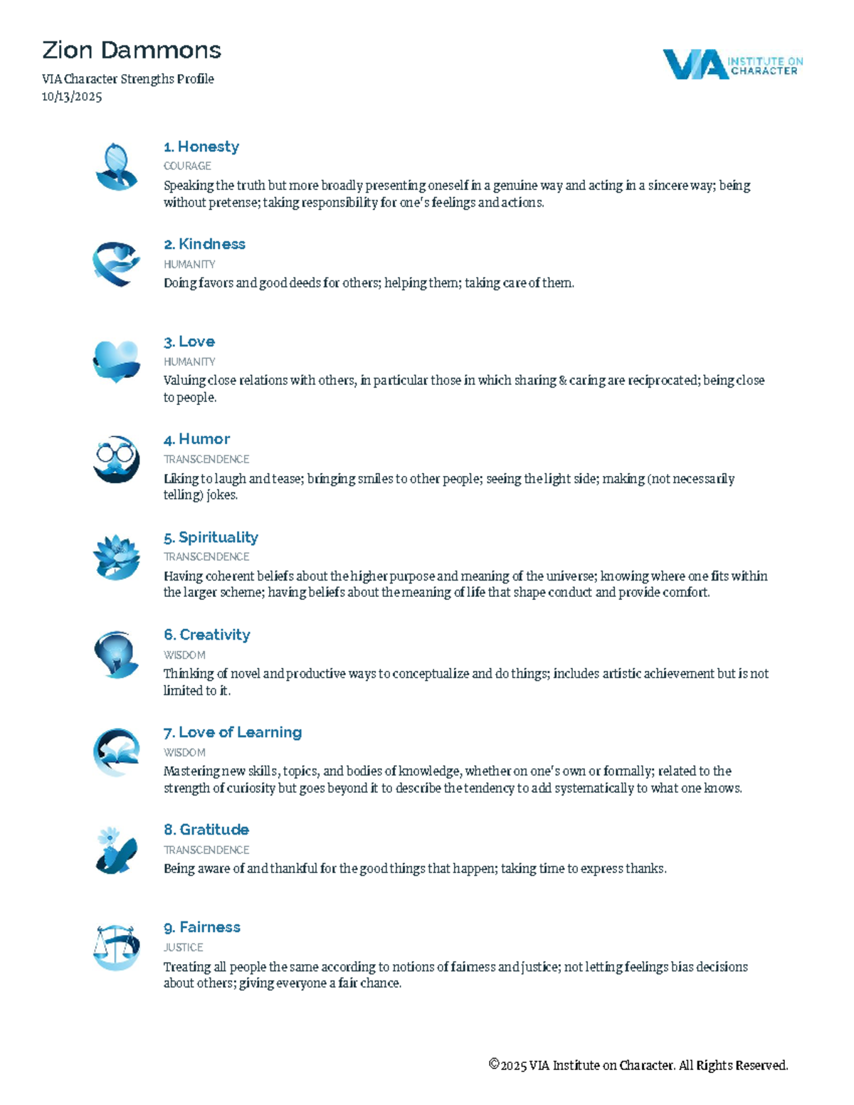 VIA Character Strengths Profile: Zion Dammons Analysis - Studocu