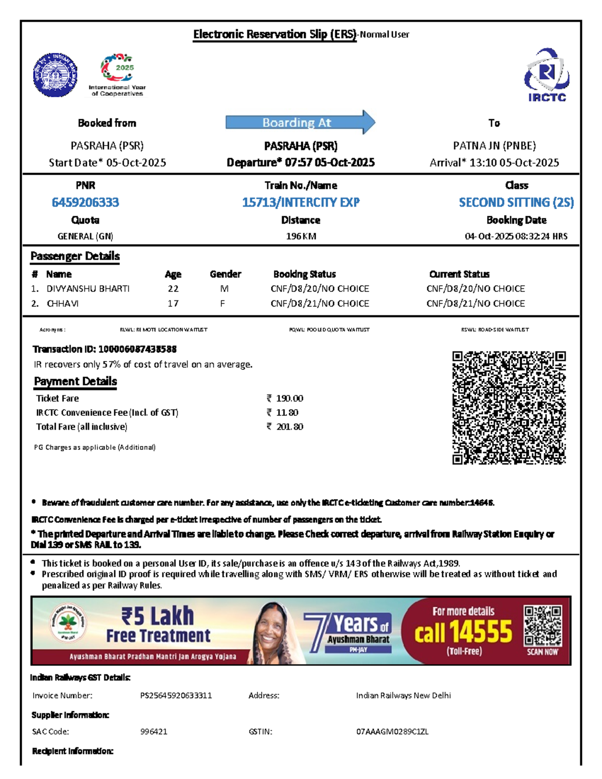 Electronic Reservation Slip for Train Booking (PSR) - Studocu