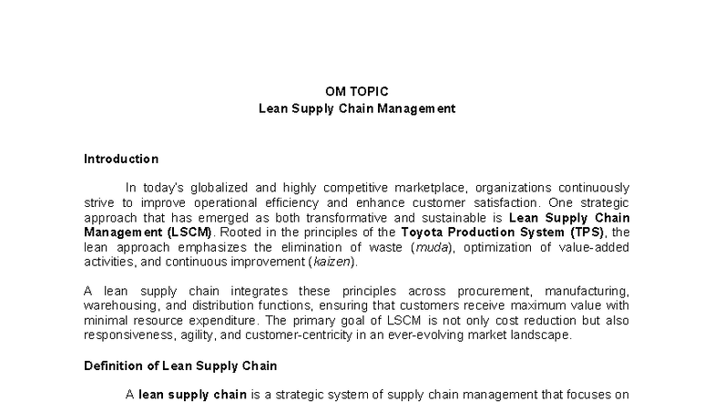 OM 101: Lean Supply Chain Management Overview and Key Concepts - Studocu