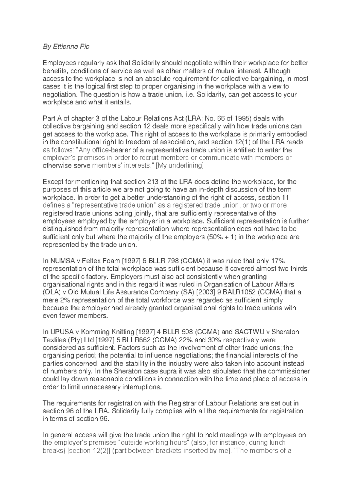 NUMSA v Feltex Foam: Workplace Access & Collective Bargaining Insights ...