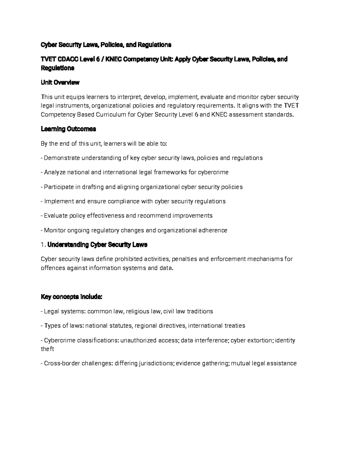 Cyber Security Laws, Policies & Regulations - TVET CDACC Level 6 - Studocu