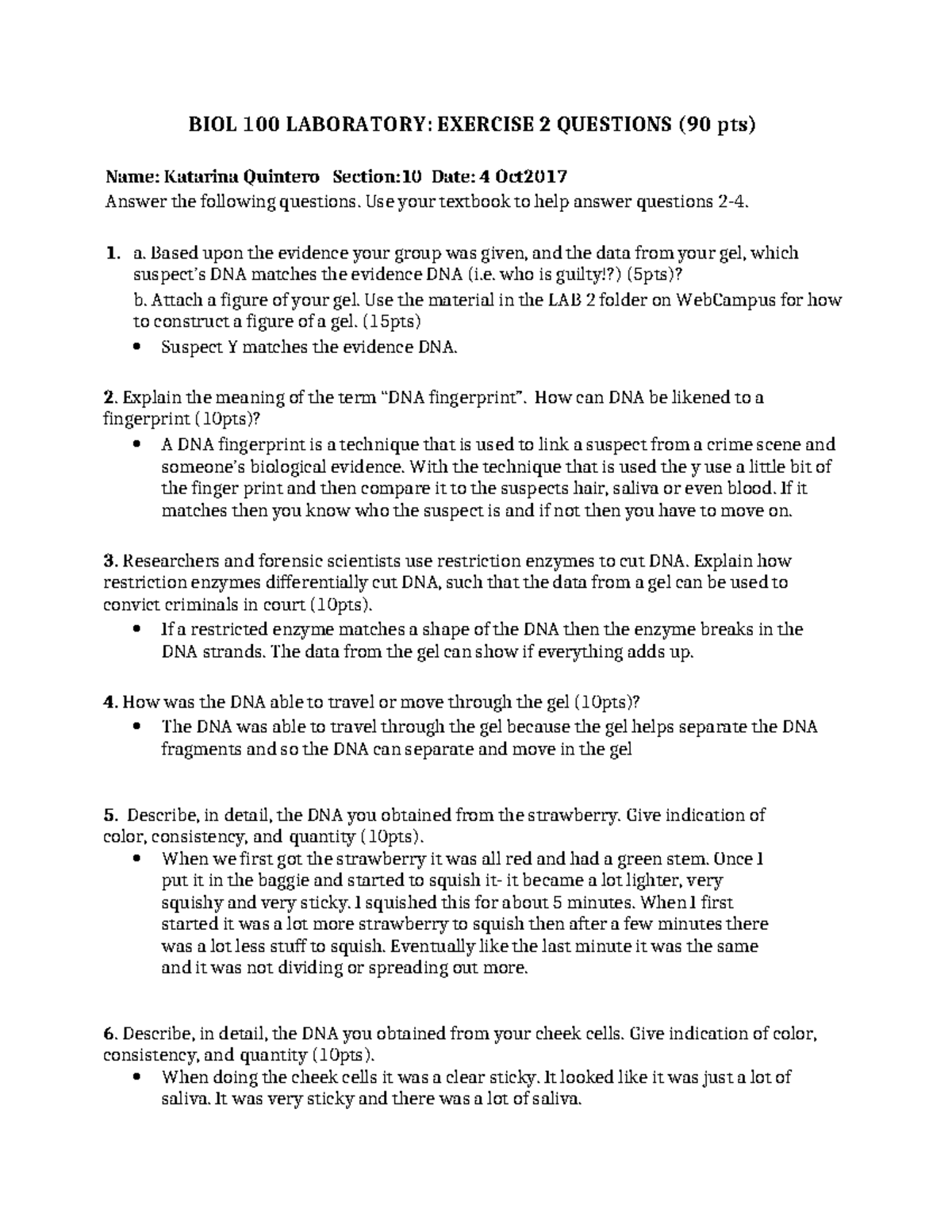 Lab2 - Lab notes - BIOL 100 LABORATORY: EXERCISE 2 QUESTIONS (90 pts ...
