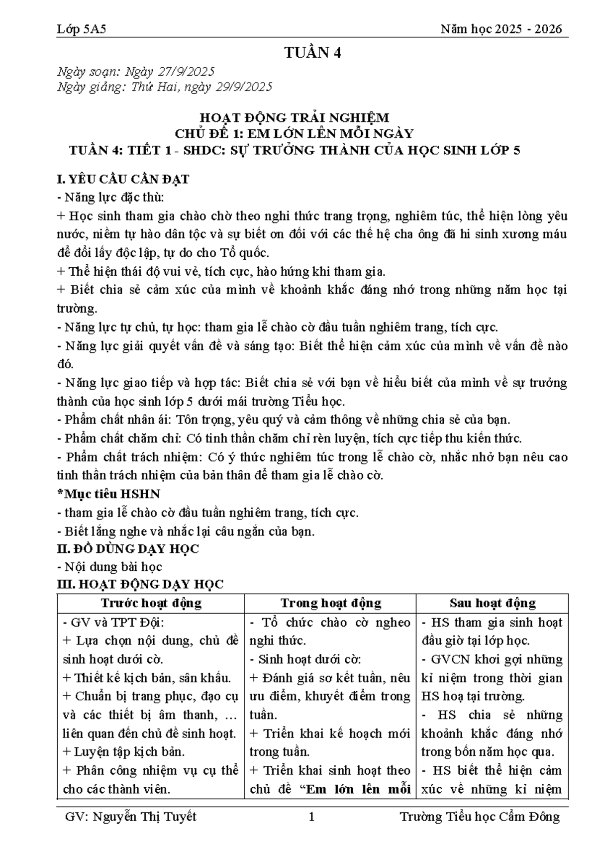 TUẦN 4 - LỚP 5A5 - HOẠT ĐỘNG TRẢI NGHIỆM CHỦ ĐỀ "EM LỚN LÊN MỖI NGÀY ...