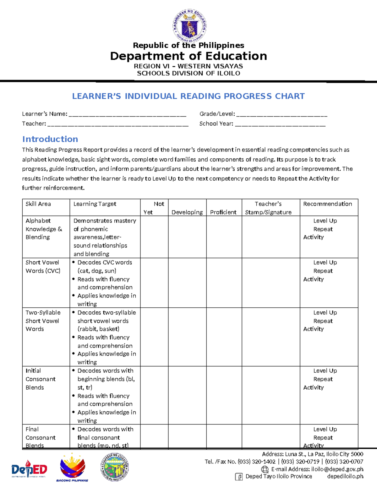 Learners Individual Reading Progress Chart - Final Report - Studocu