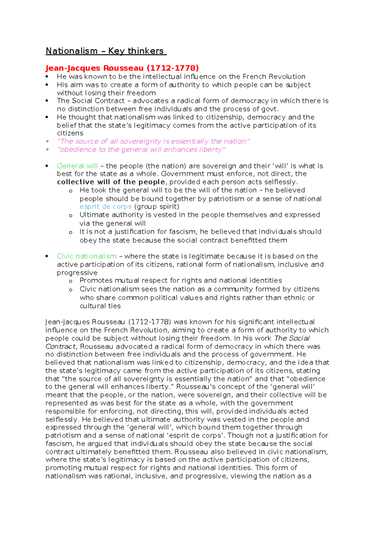 Nationalism Key Thinkers: Rousseau, Herder, Mazzini, and Garvey - Studocu