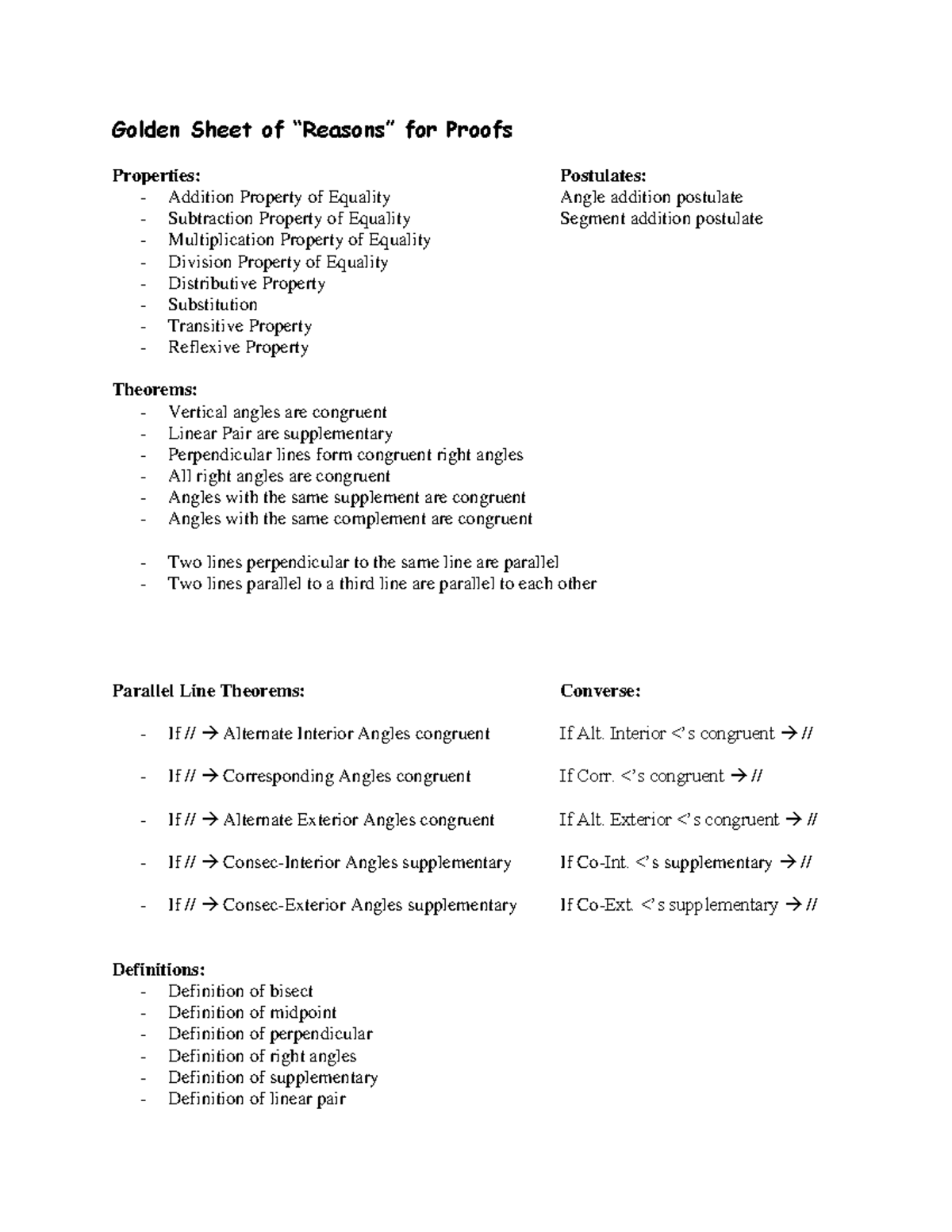 Golden Sheet for Proofs: Properties, Postulates, and Theorems (MATH 101 ...