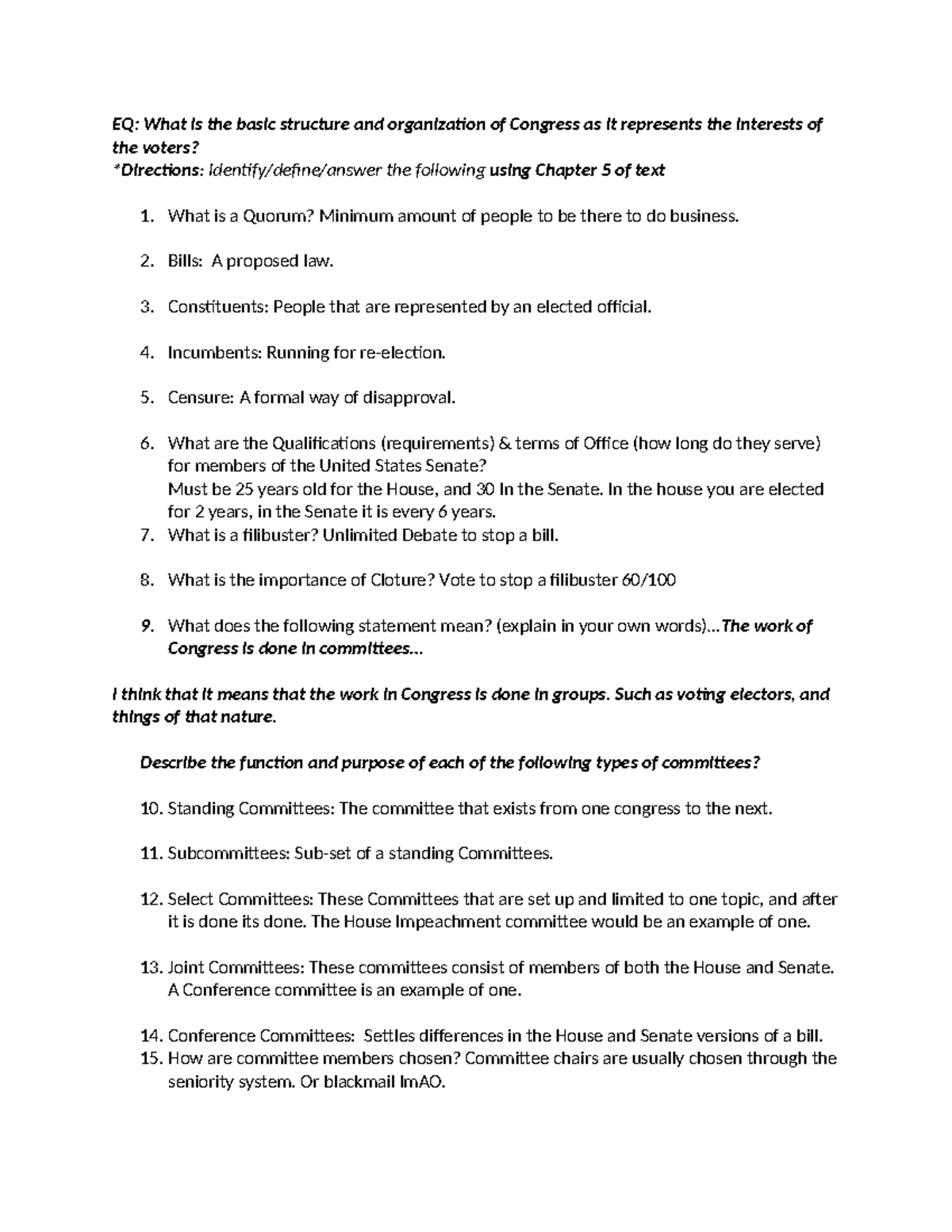 Civics CH 5 Overview: Structure & Functions of Congress - Studocu