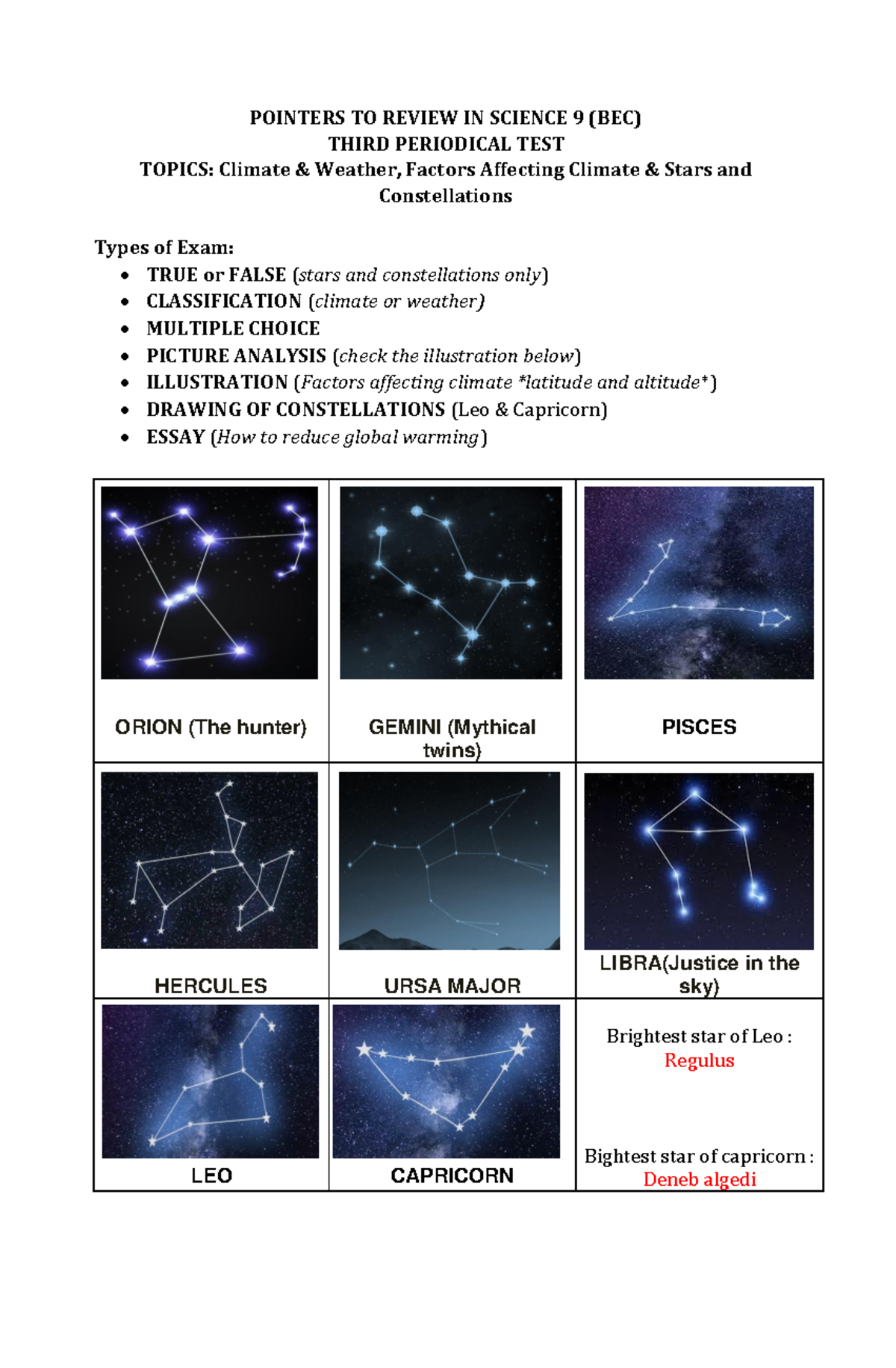 Review Guide for Science 9 (BEC) - 3rd Periodical Test - Studocu