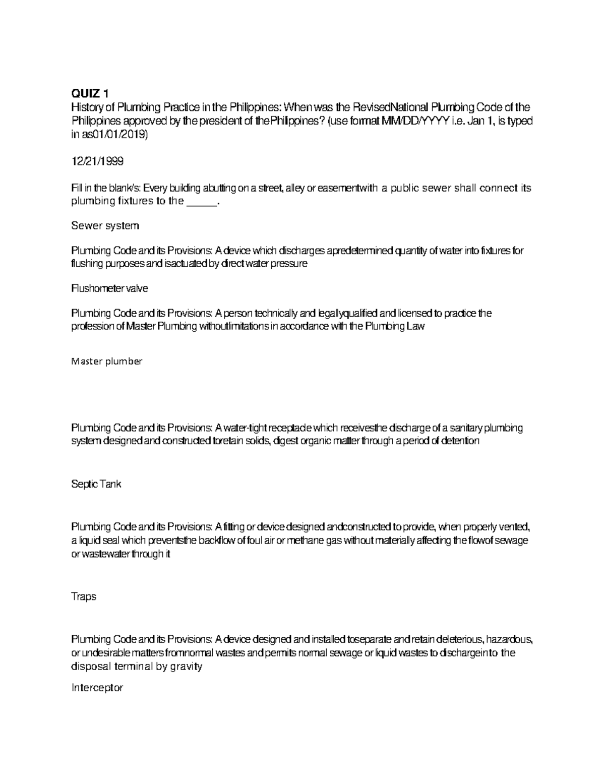 Bsquiz 1 - Building Systems Design quiz 2 - QUIZ 1 History of Plumbing ...