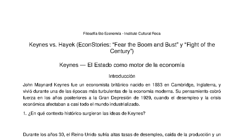 Filosofía 6to Economía: Keynes vs. Hayek - Análisis y Actividades - Studocu
