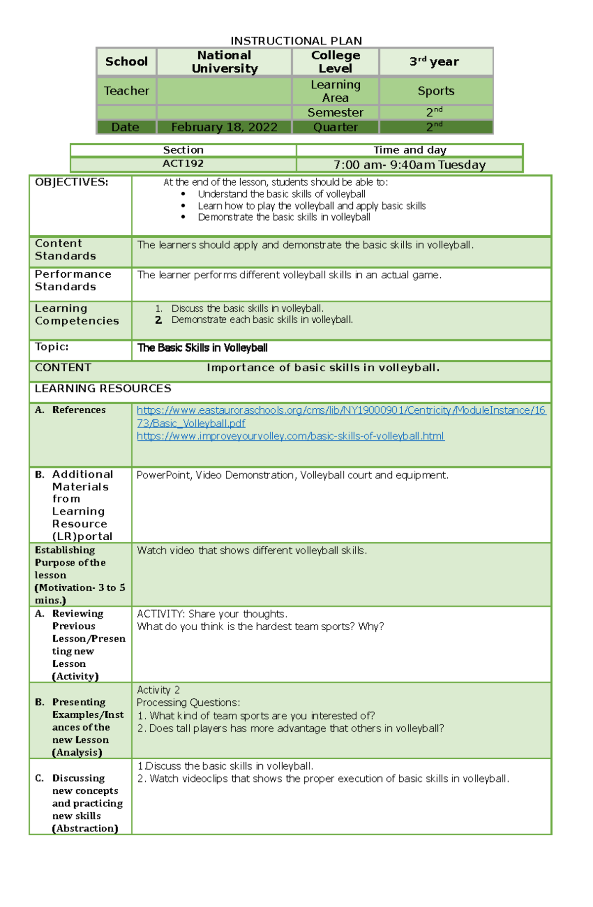 Detailed Lesson Plan: Basic Skills in Volleyball (ACT192) - Studocu