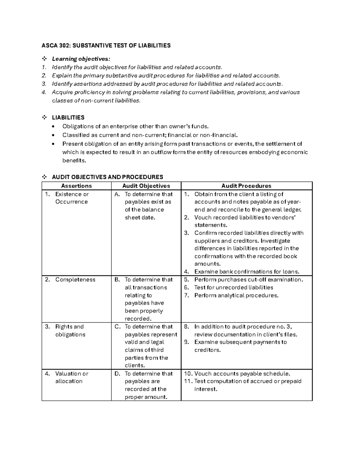 ASCA 302: Substantive Audit Procedures for Liabilities - Studocu