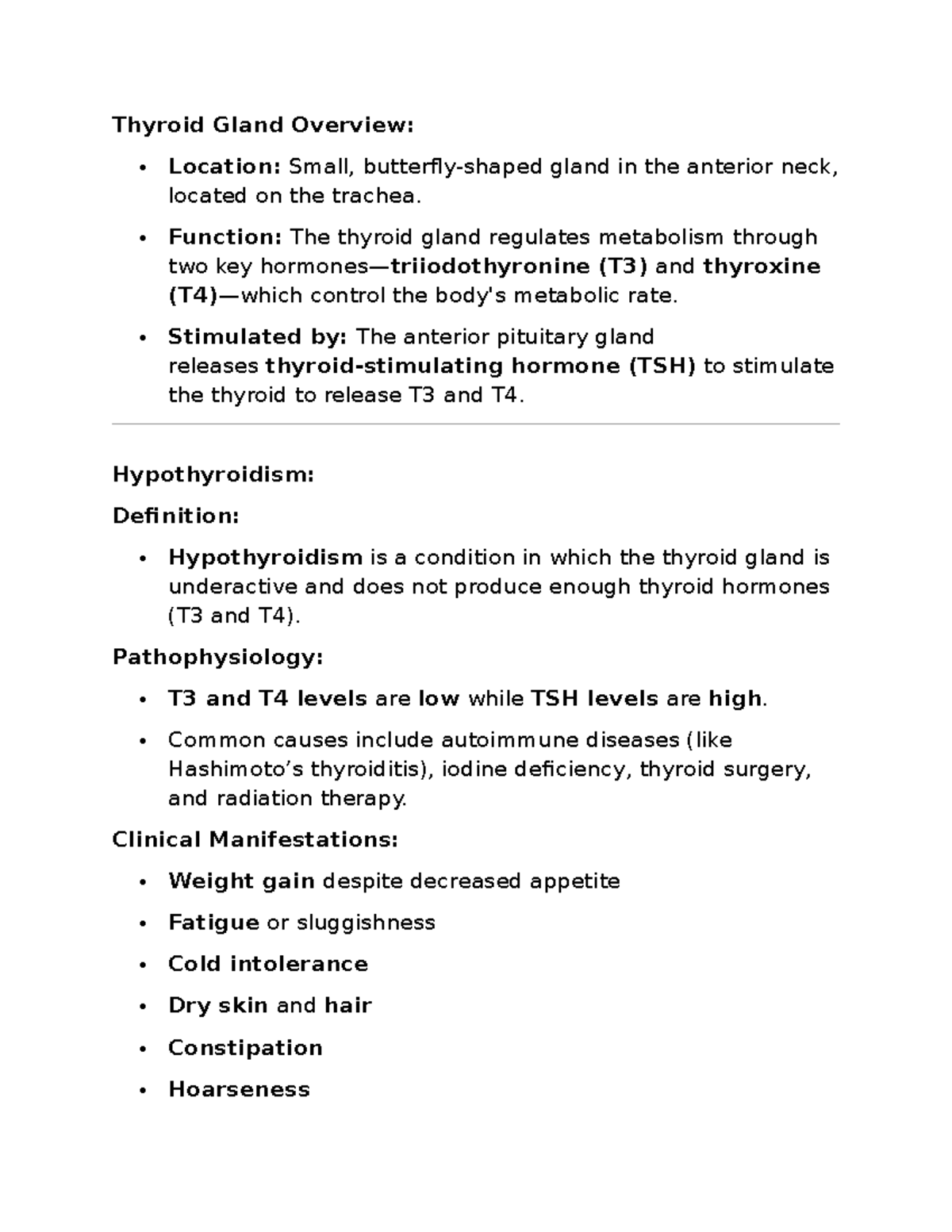 Thyroid Disorders Study Guide - Med Surg 101 Final Exam Notes - Studocu