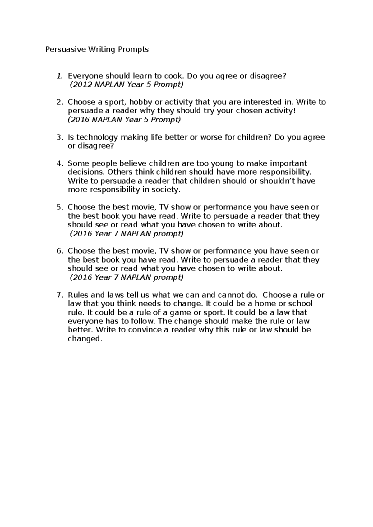 Persuasive Writing Prompts for NAPLAN Year 5 & 7 - Studocu