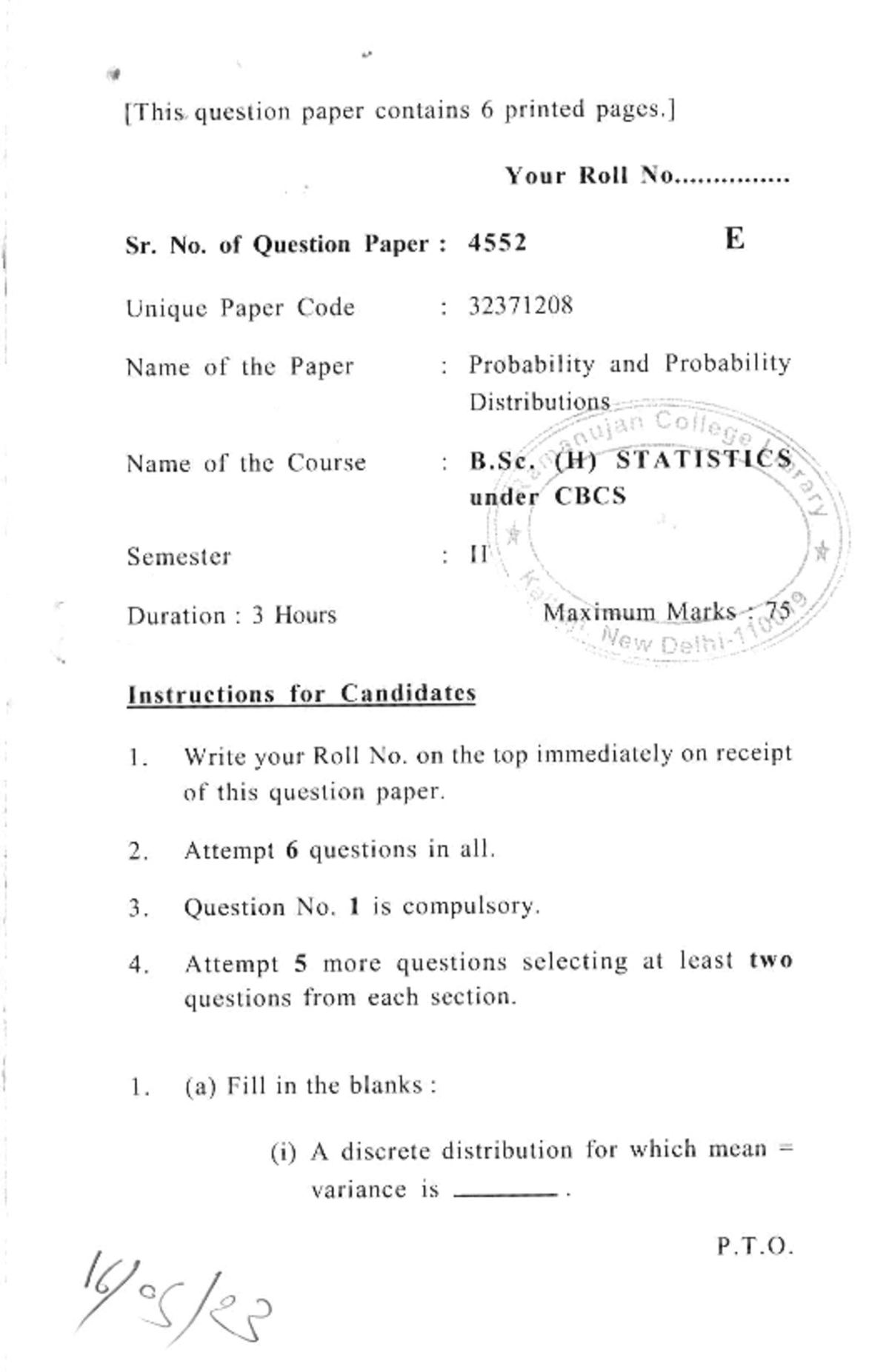 B.Sc. II Sem - Probability & Probability Distributions Question Paper ...