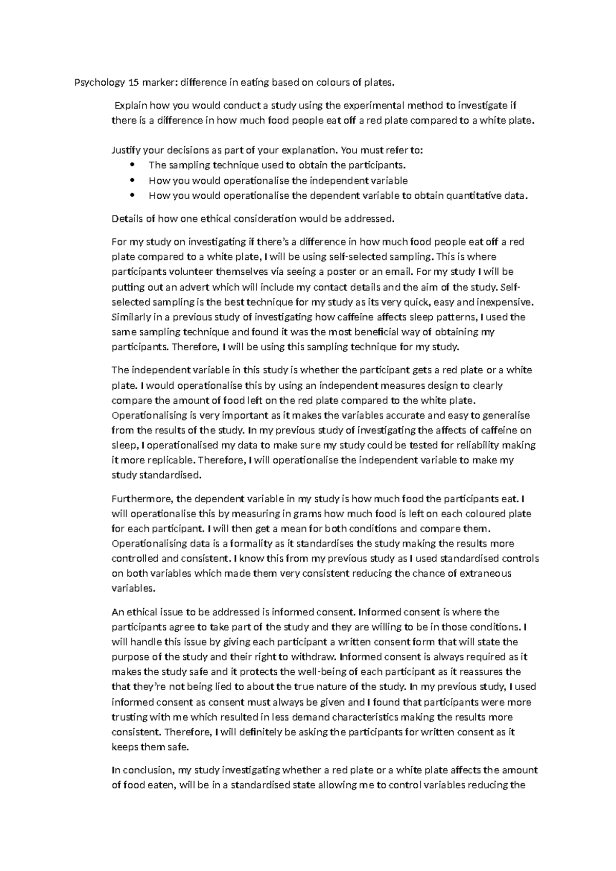 Psychology Study: Effect of Plate Color on Food Intake (15 Marker ...