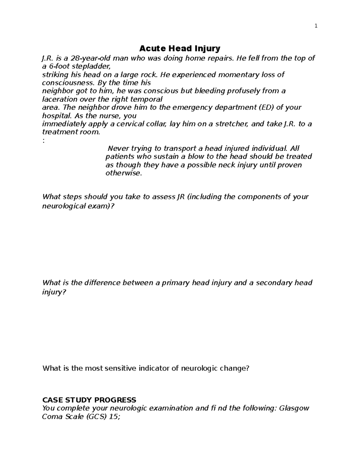 Acute Head Injury Case Study - Assessment and Key Indicators Analysis ...