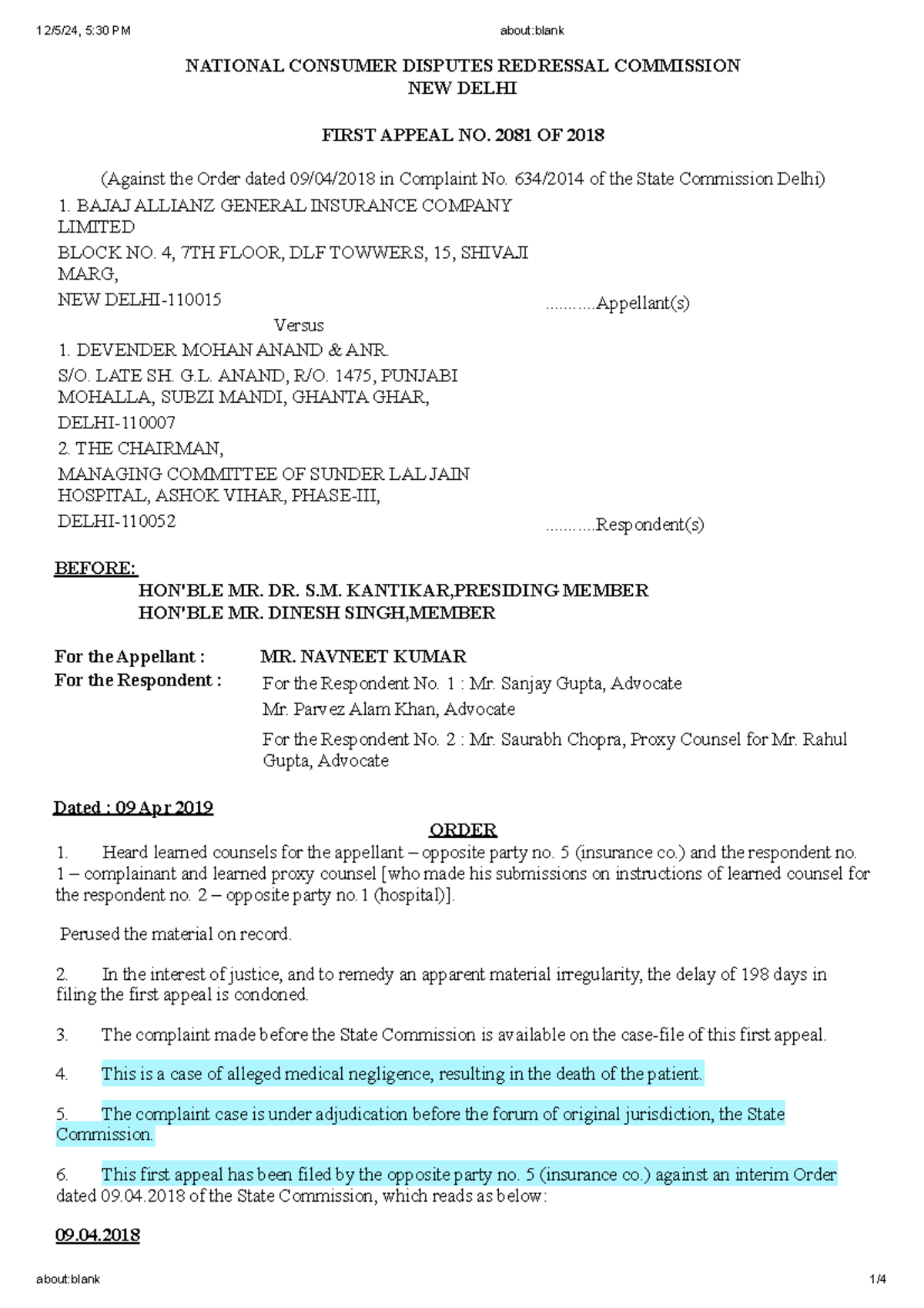 NCDRC Final Order in Bajaj Insurance Case - FA No. 2081/2018 - Studocu