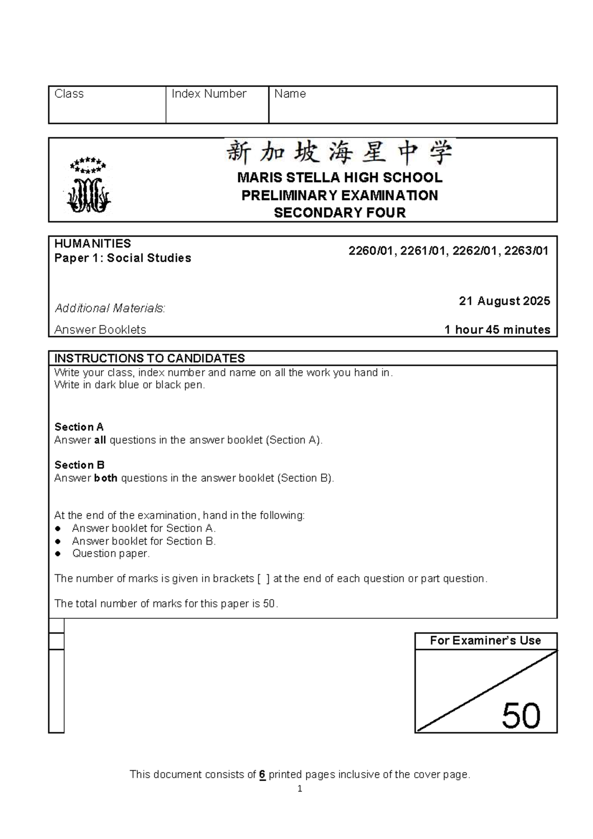 Maris Stella HS Social Studies Prelim Exam Paper 1: Citizenship ...