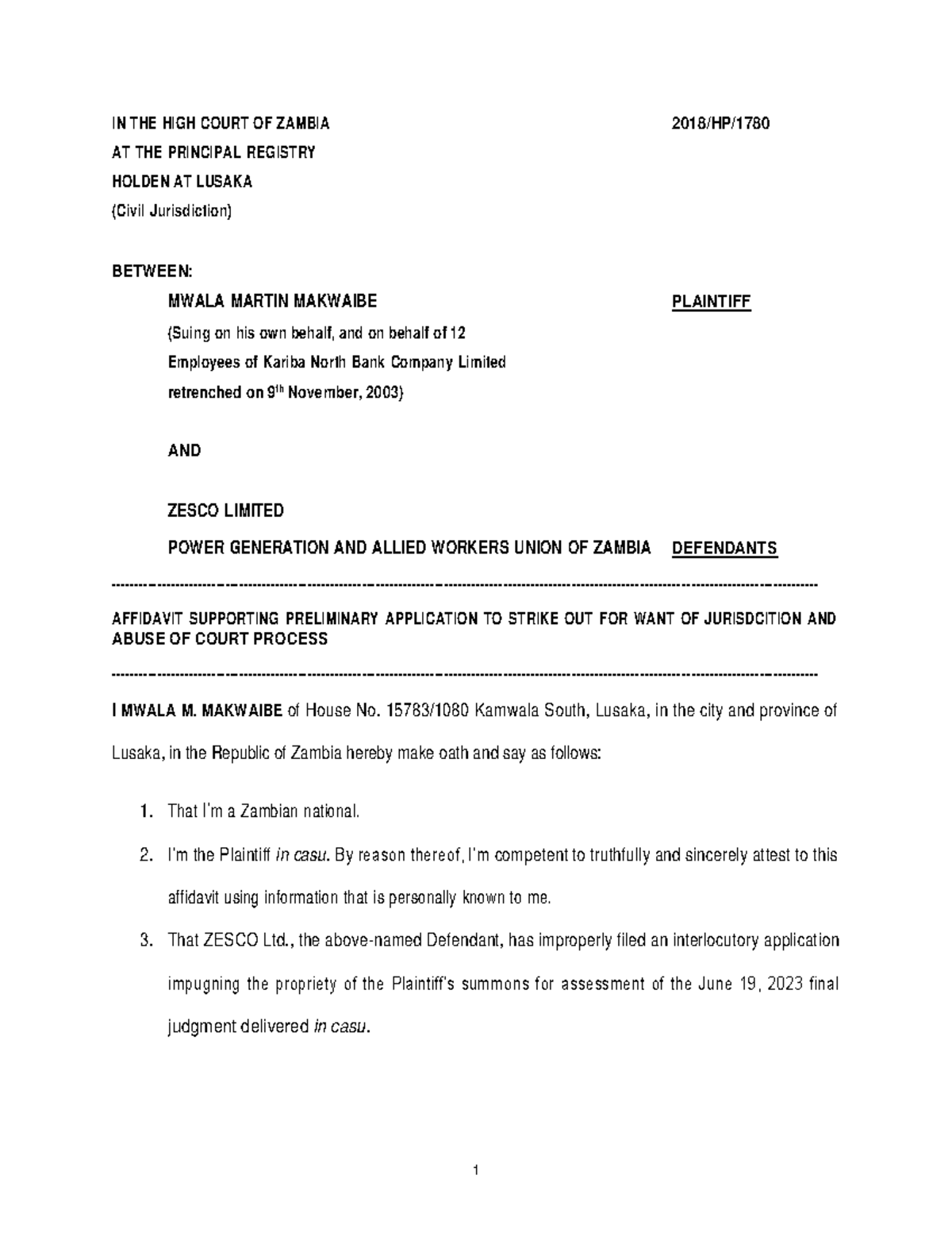 Affidavit Supporting Application to Strike Out for Want of Jurisdiction ...