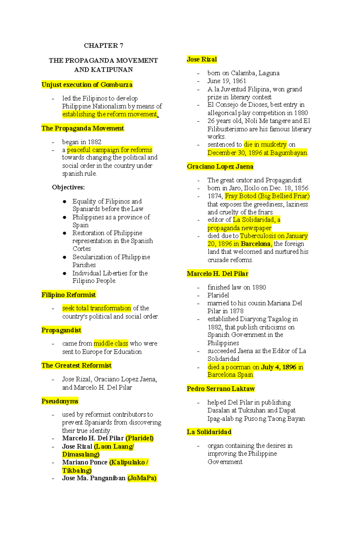 History- Reviewer - CHAPTER 7 THE PROPAGANDA MOVEMENT AND KATIPUNAN ...
