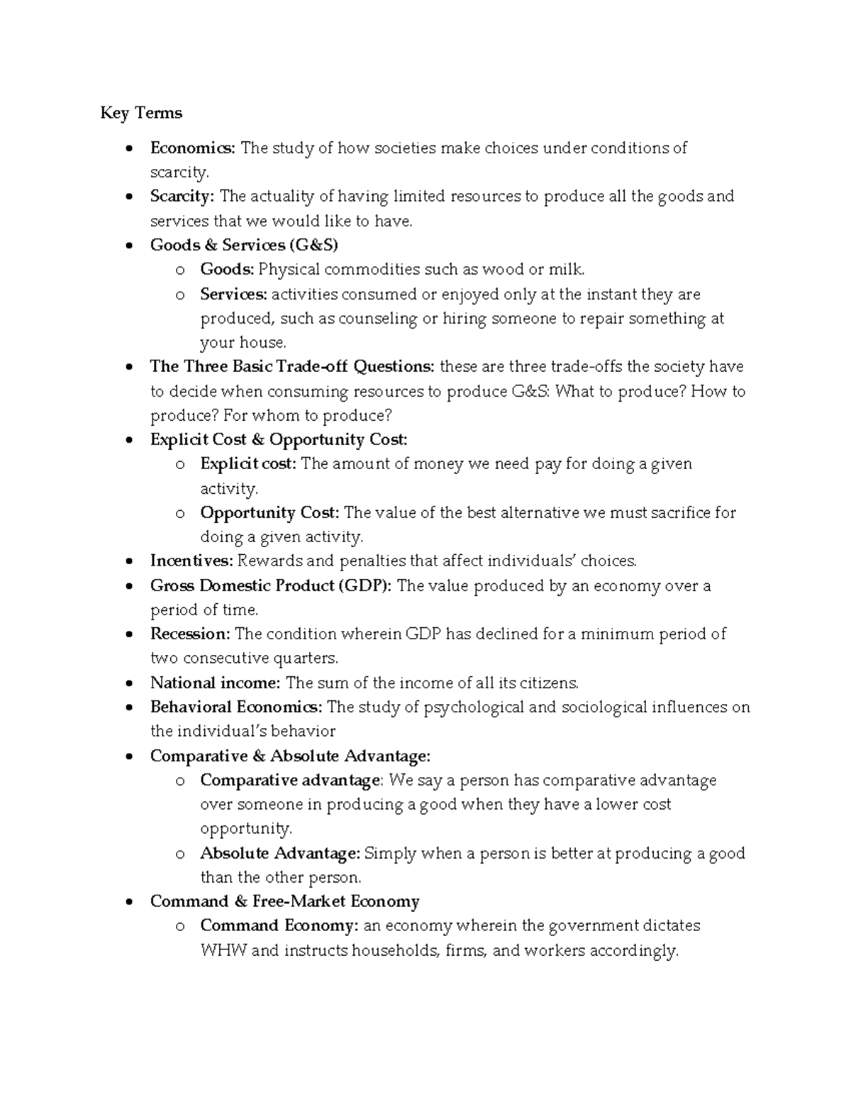 Ch01 - Key Economic Terms Summary for Economics Class - Studocu