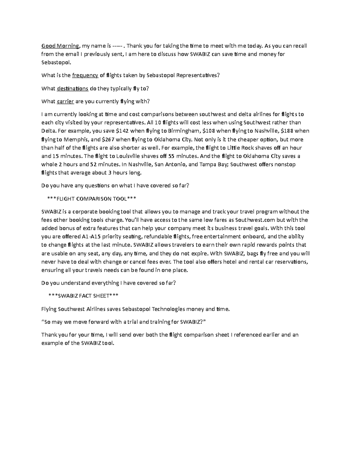 SWABIZ Flight Savings Overview for Sebastopol Representations - Studocu