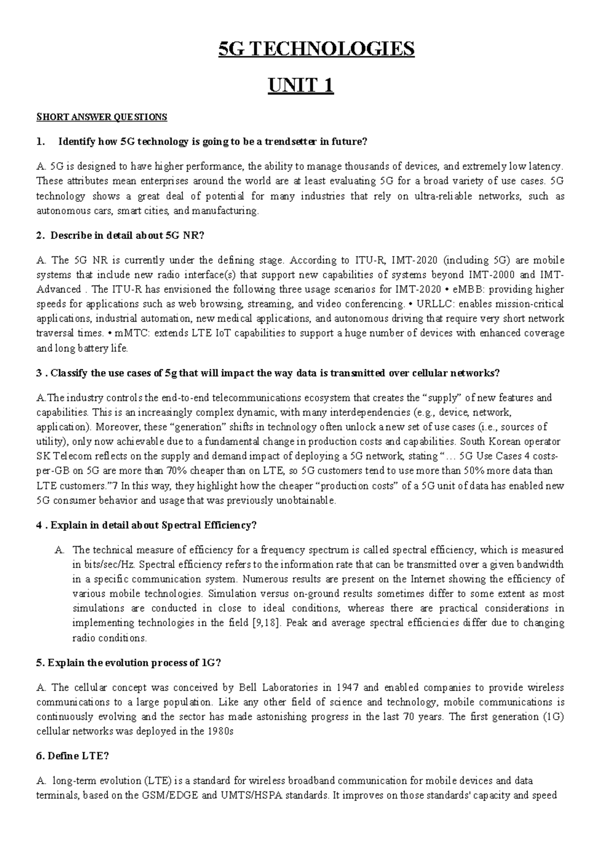 UNIT-1 5G Technologies Question Bank with Answers - Studocu