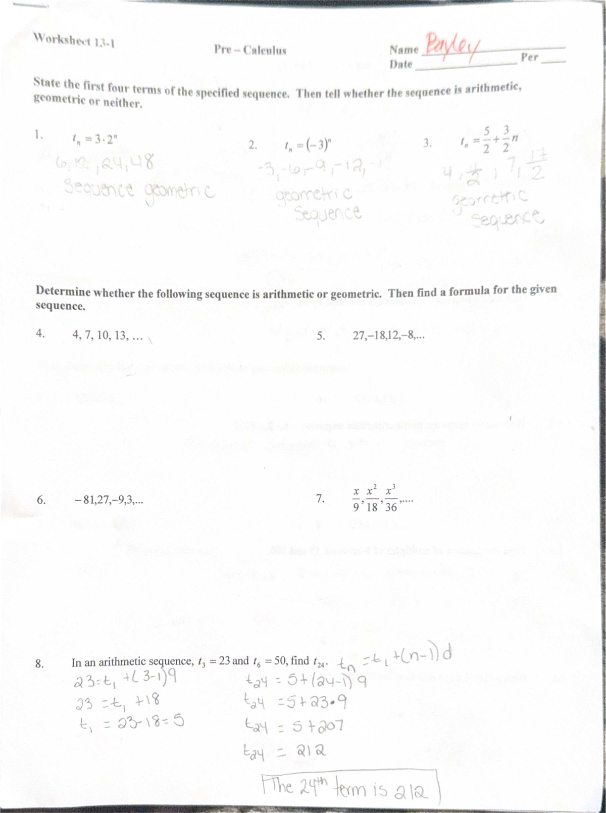 Worksheet 13-1: Sequences - Arithmetic & Geometric Analysis - Studocu