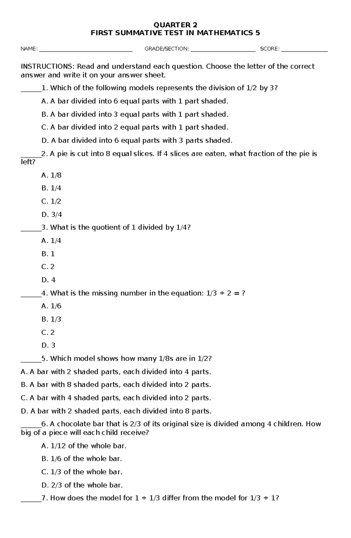 1ST Summative Test in Mathematics 5 - Quarter 2 - Studocu