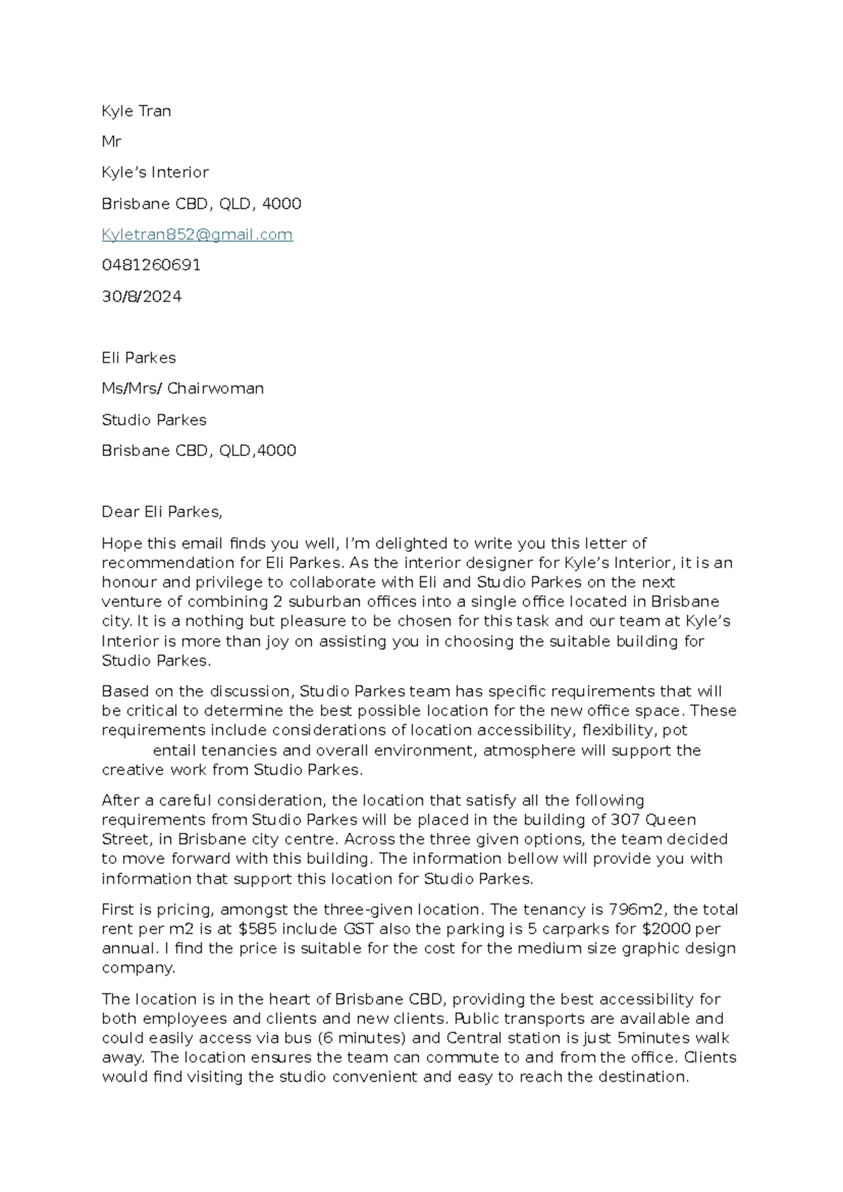 DTB306 Recommendation Letter A1: Eli Parkes & Studio Parkes Office ...