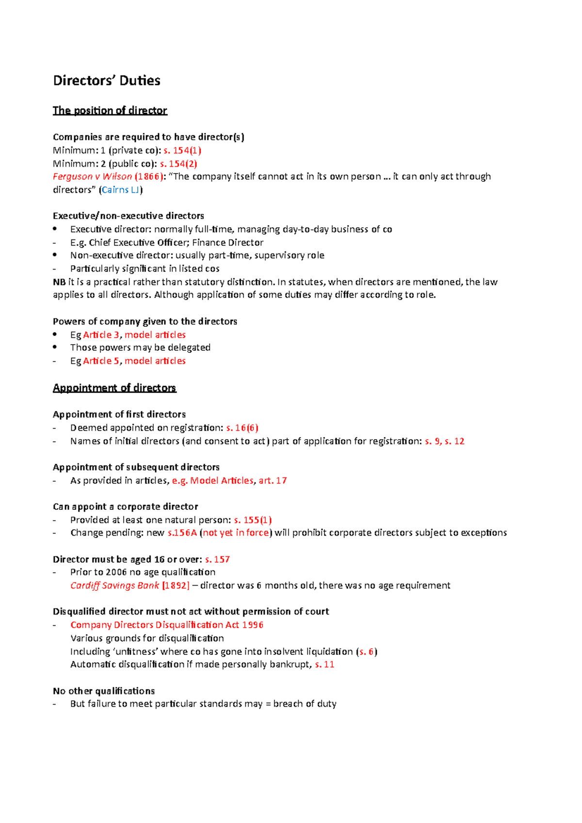 Directors' Duties Overview - Lecture Notes 14-17 - Studocu