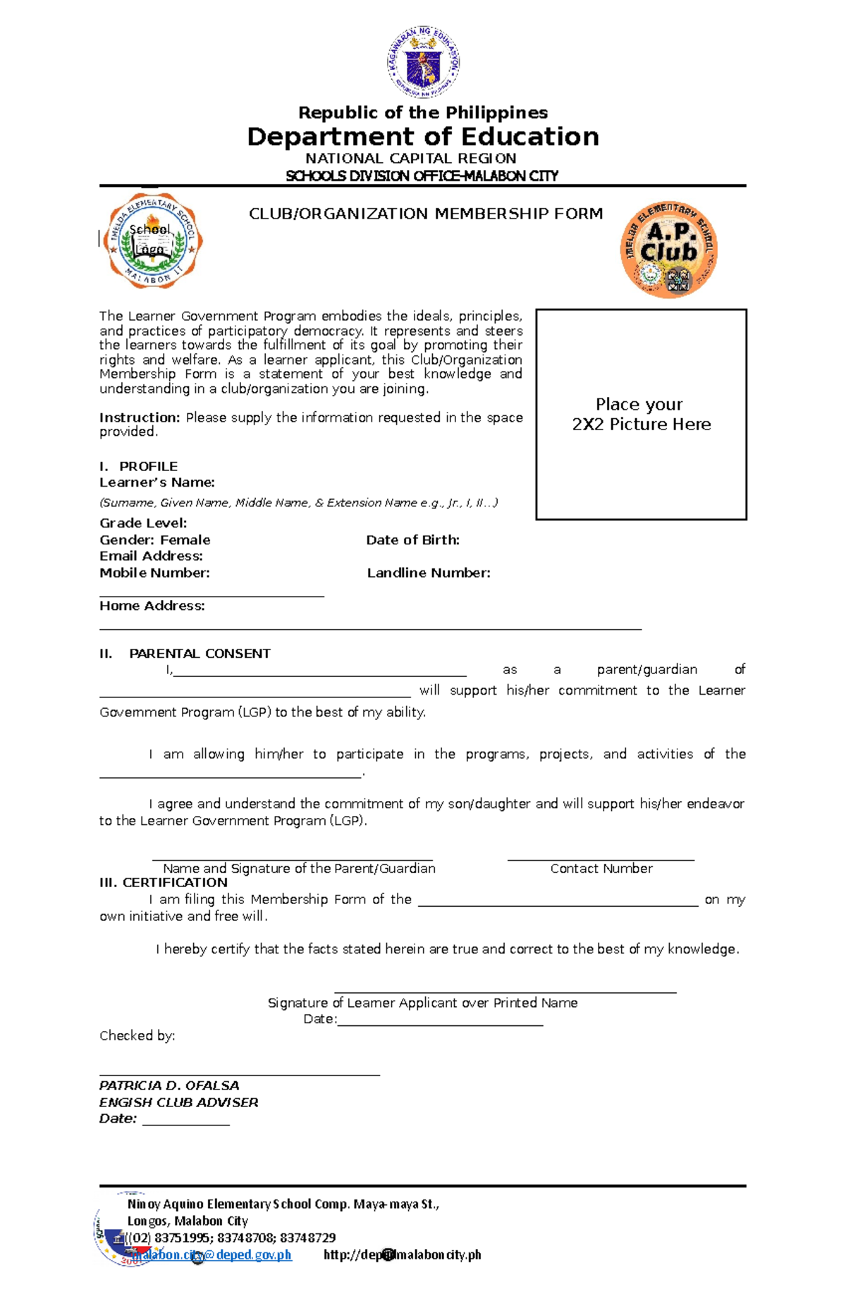 CLUB/ORG Membership Form - Learner Government Program - Malabon City ...