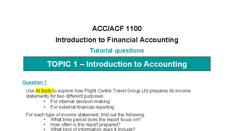 1100 Introduction to Financial Accounting: Topic 1 Tutorial Questions ...