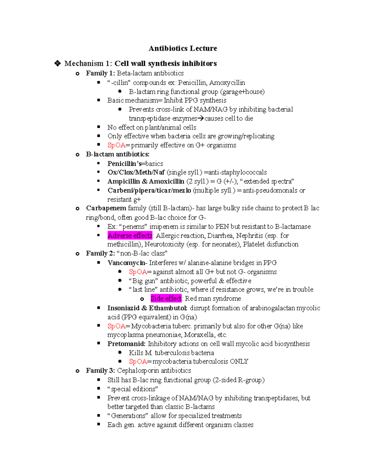 Antibiotics notes - Antibiotics Lecture Mechanism 1: Cell wall ...