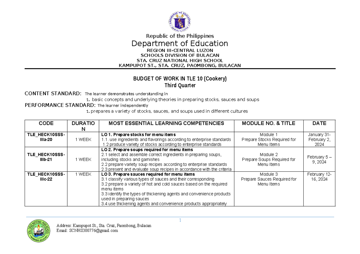 BOW-Cookery 10-Q3 - Budget of Works for TLE 10 Cookery Modules - Studocu