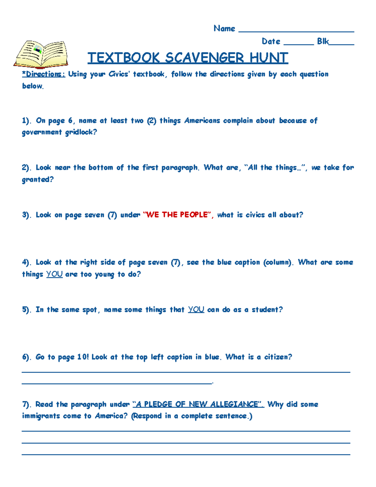 Civics Textbook Scavenger Hunt Assignment - Document Review - Studocu
