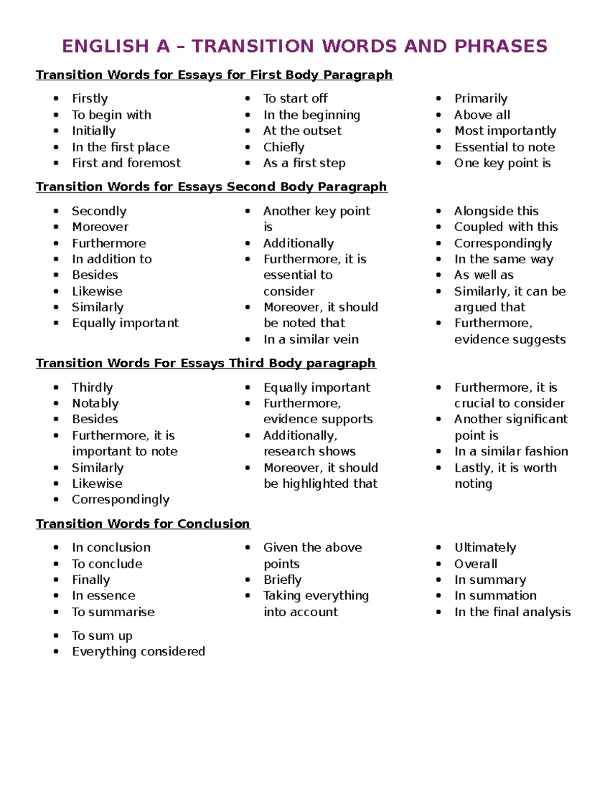 Transition Words for Essays - English A Guide - Studocu