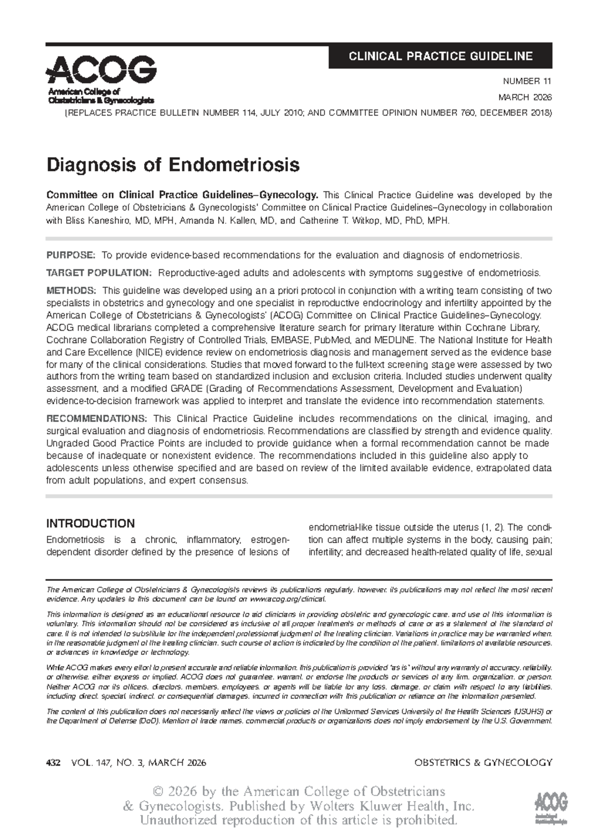 CPG 11: Diagnosis of Endometriosis - Clinical Practice Guidelines 2026 ...