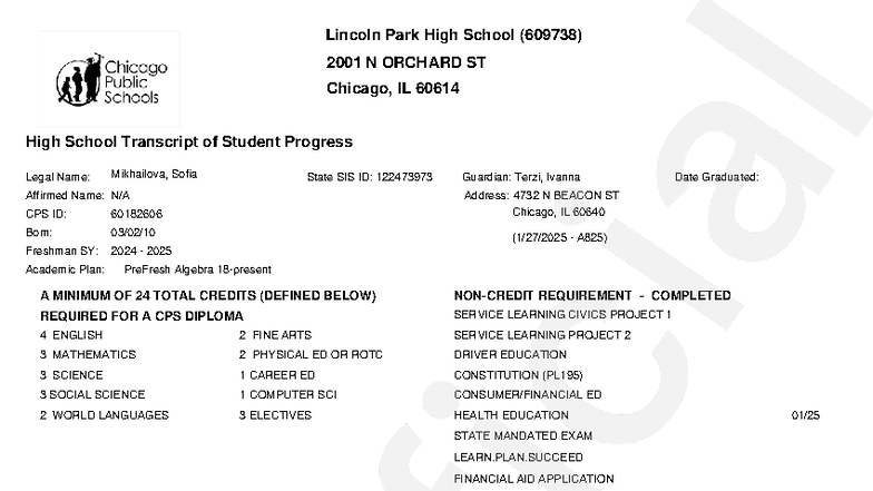 Lincoln Park High School (609738) Freshman Transcript for Sofia ...