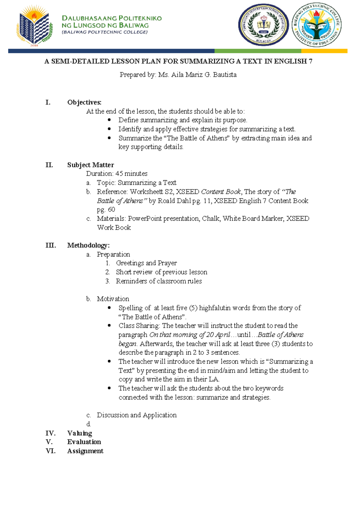 LP IN English 7: Lesson Plan for Summarizing Texts - Studocu
