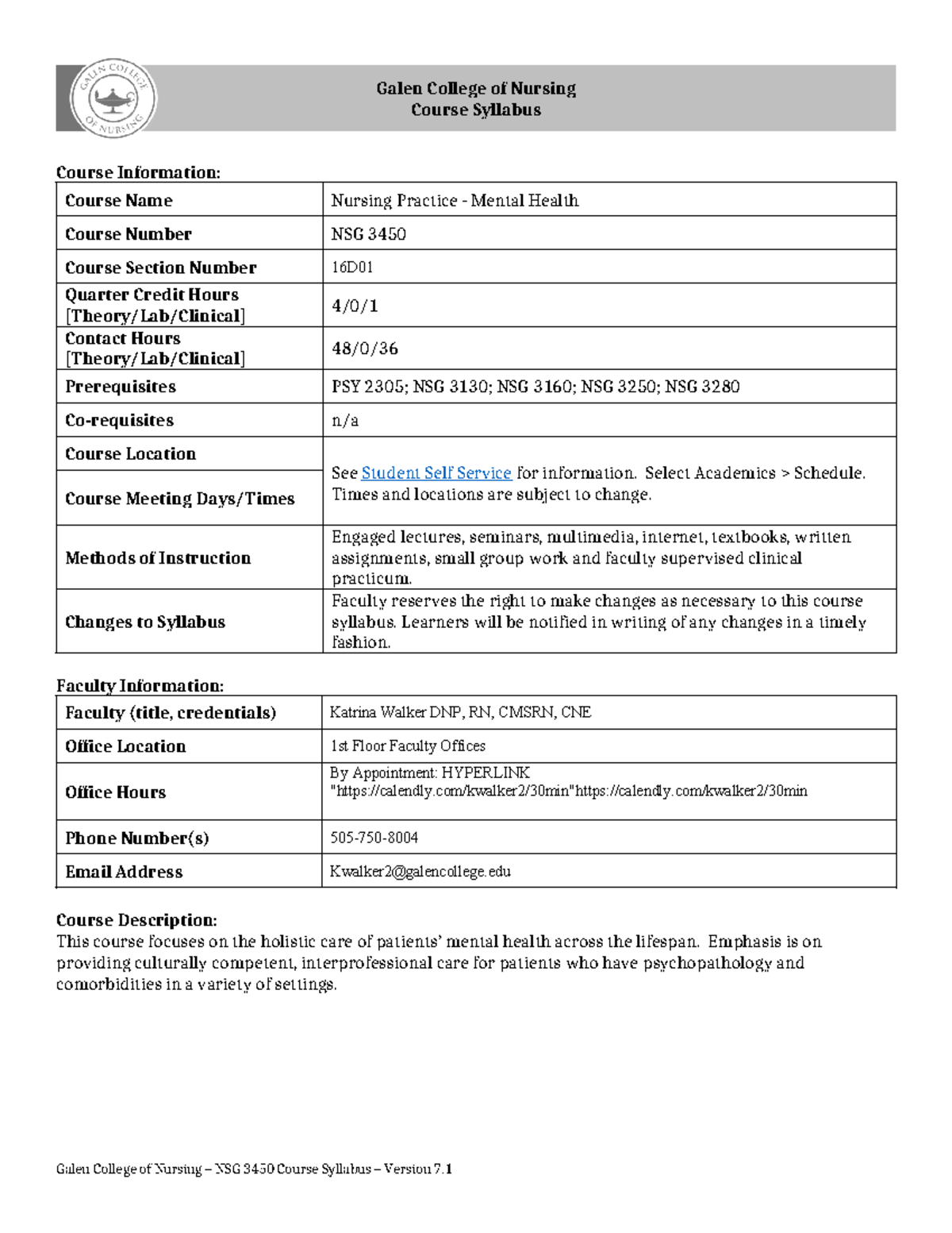 Galen College of Nursing NSG 3450 Mental Health Nursing Course Syllabus ...