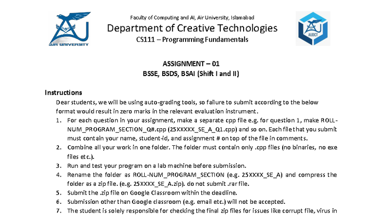 PF Assignment 01 - Programming Fundamentals (BSSE, BSDS, BSAI) - Studocu