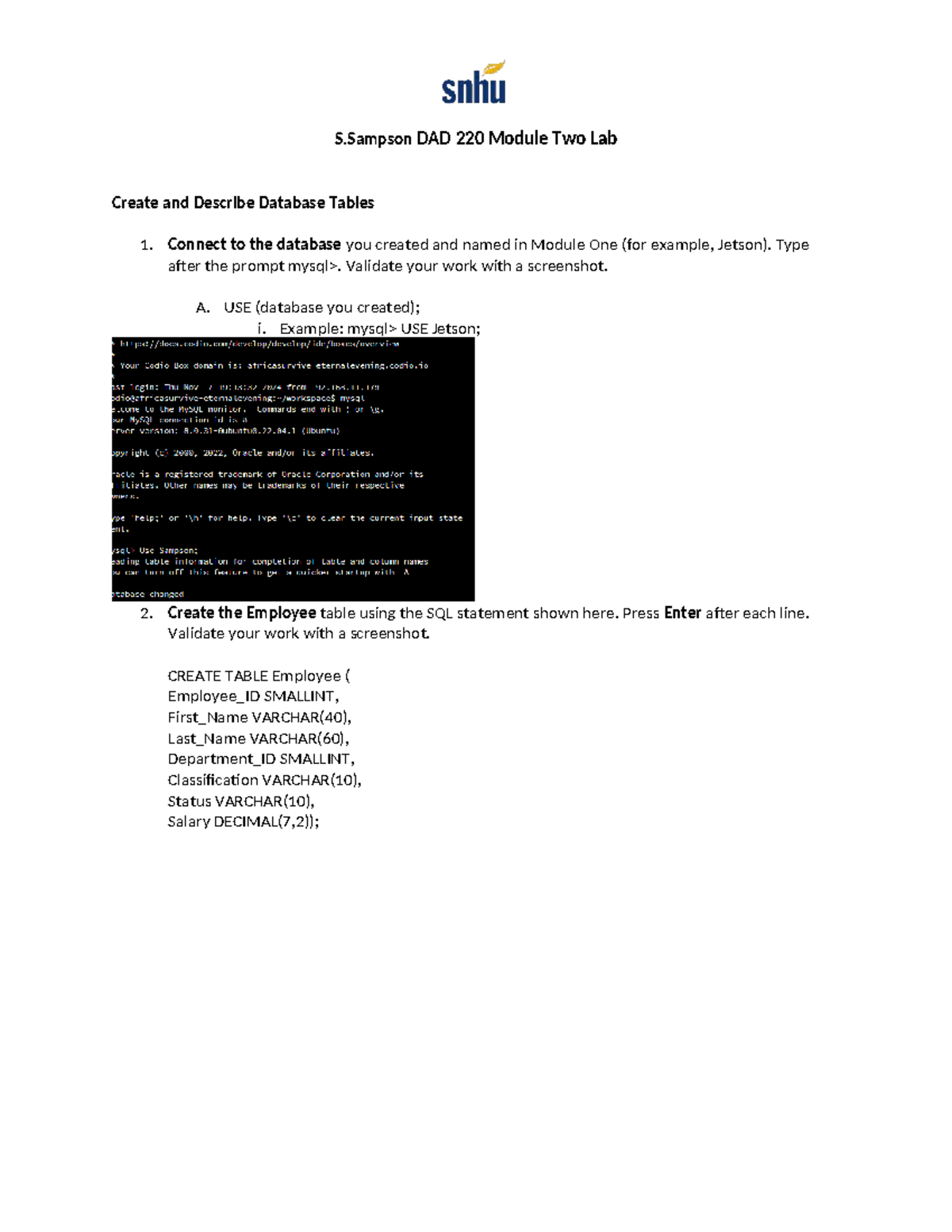 DAD 220 Module Two Lab: Creating and Managing Database Tables - Studocu